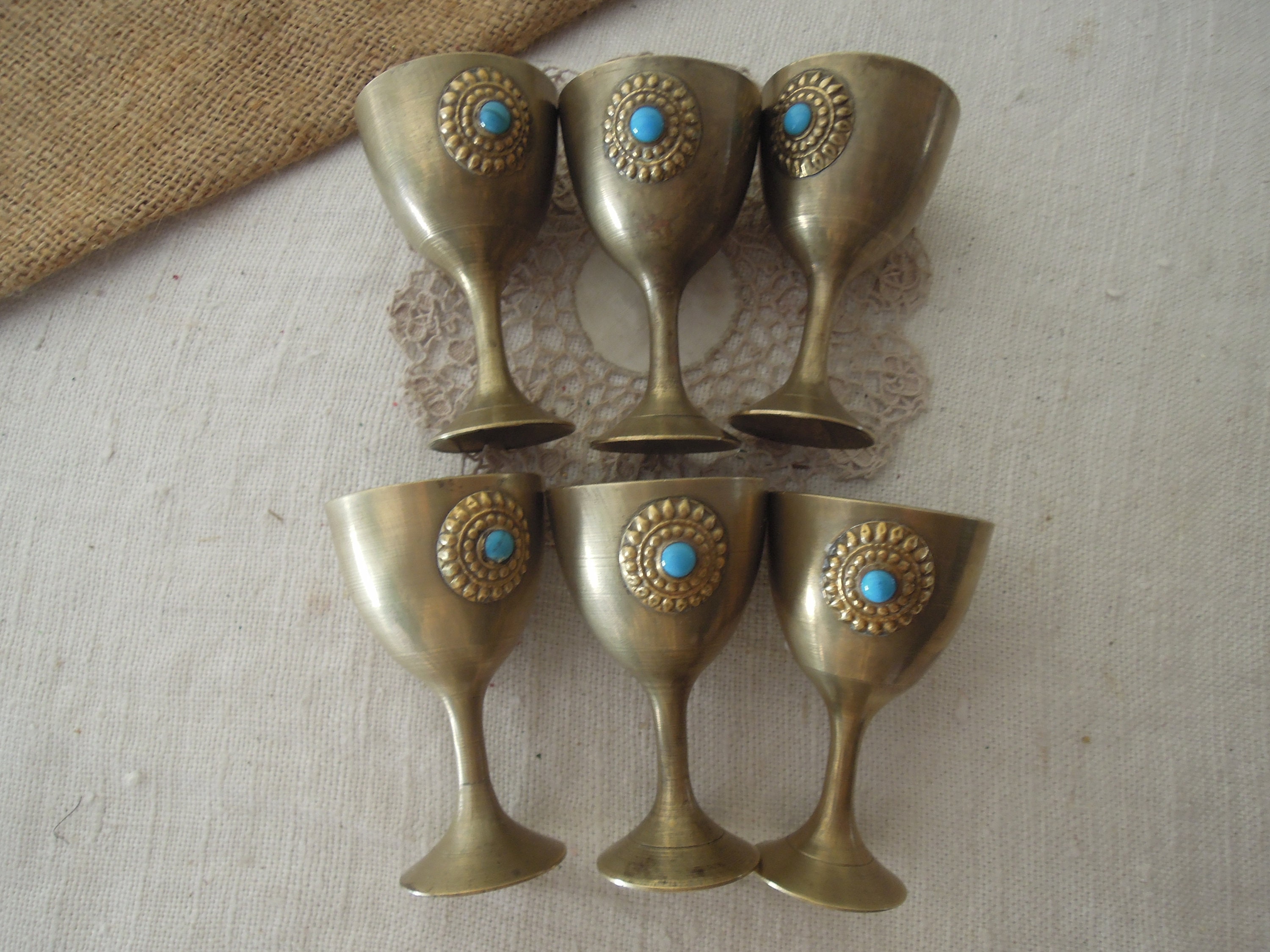 Vintage Moroccan Brass Jeweled Shot Glasses / Vintage Six Cup Set ...