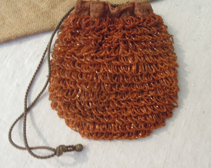 Vintage Glass Beaded Drawstring Purse / Antique Victorian Gold Beaded ...