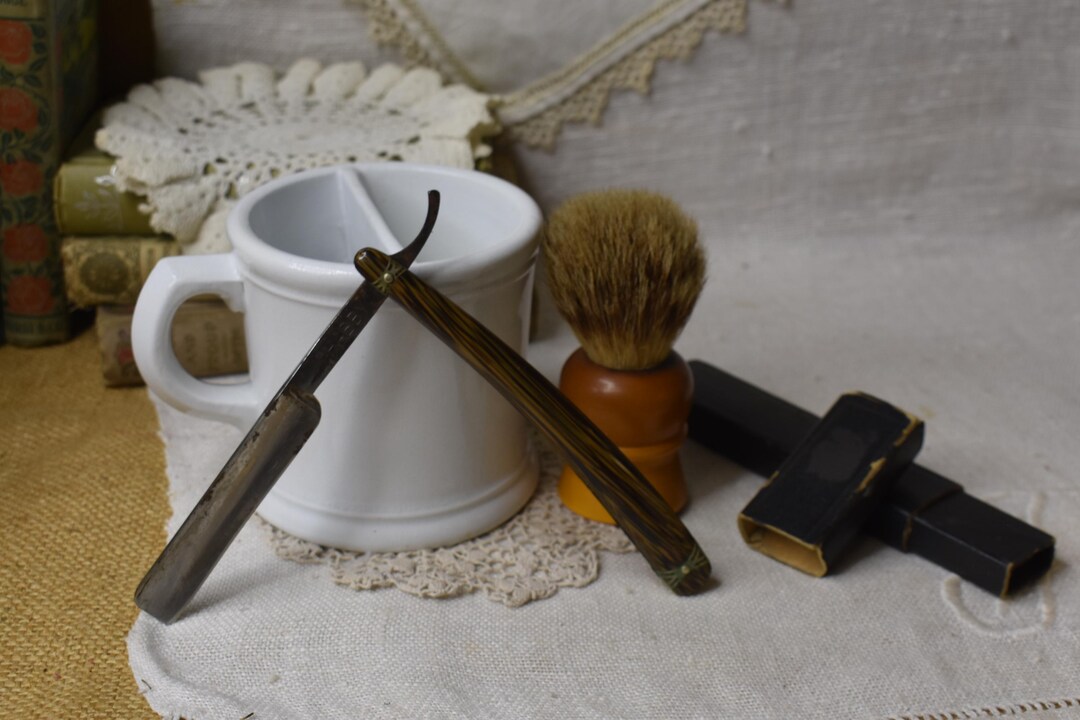 Vintage W Y & Sons Ironstone Shaving Cup and Brush With Straight Razor ...