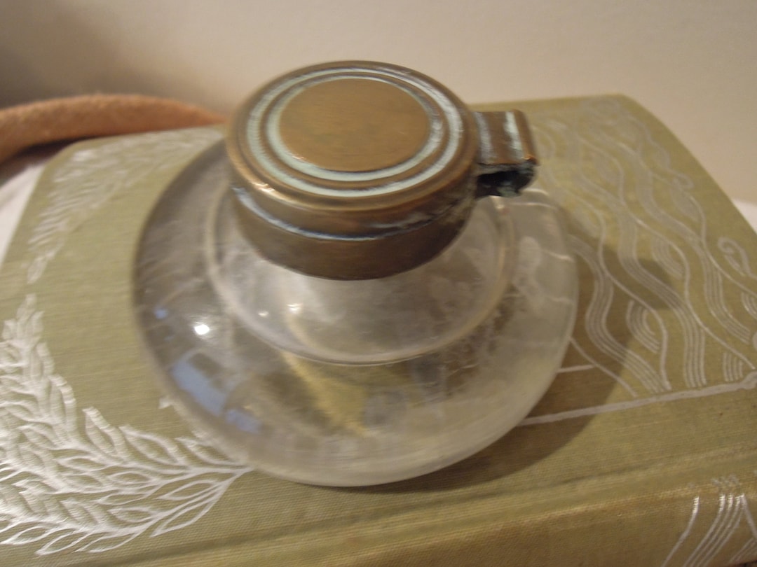 Vintage Glass Brass Ink Well / Antique Round Glass Inkwell / Antique ...