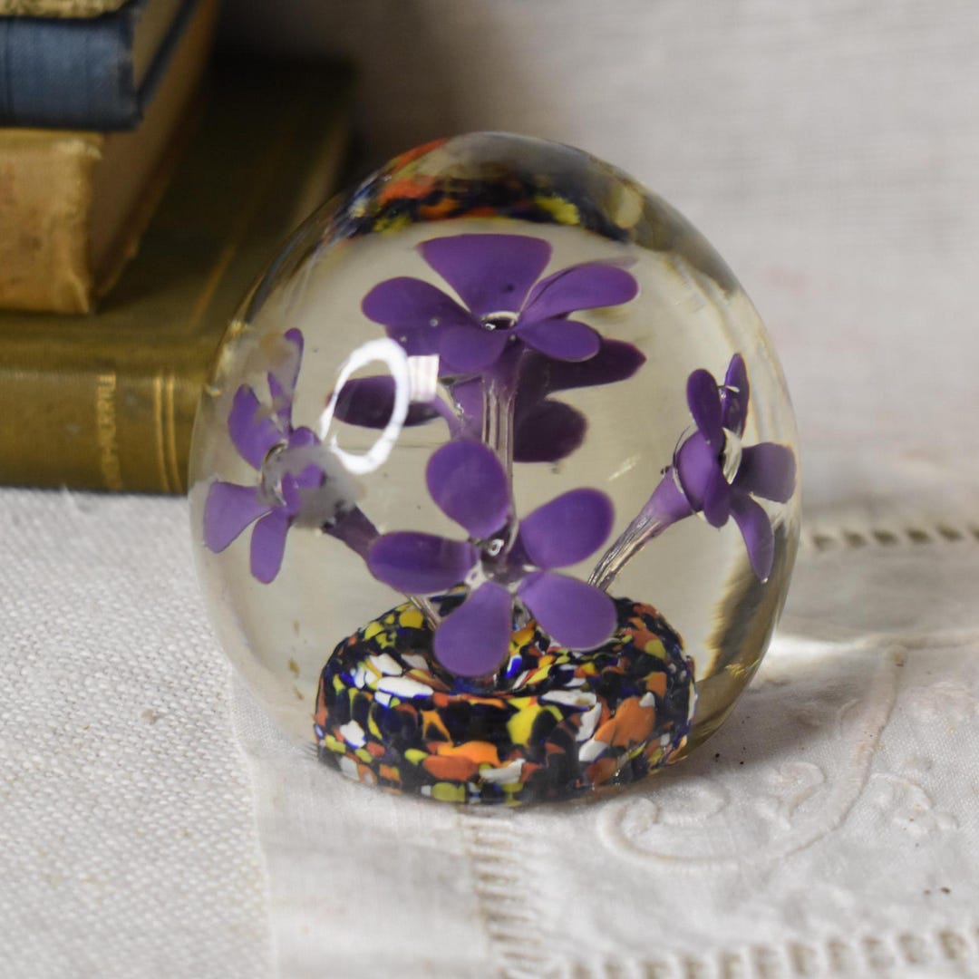 Vintage Glass Paper Weight / Purple Floral Paper Weight / Office Desk ...