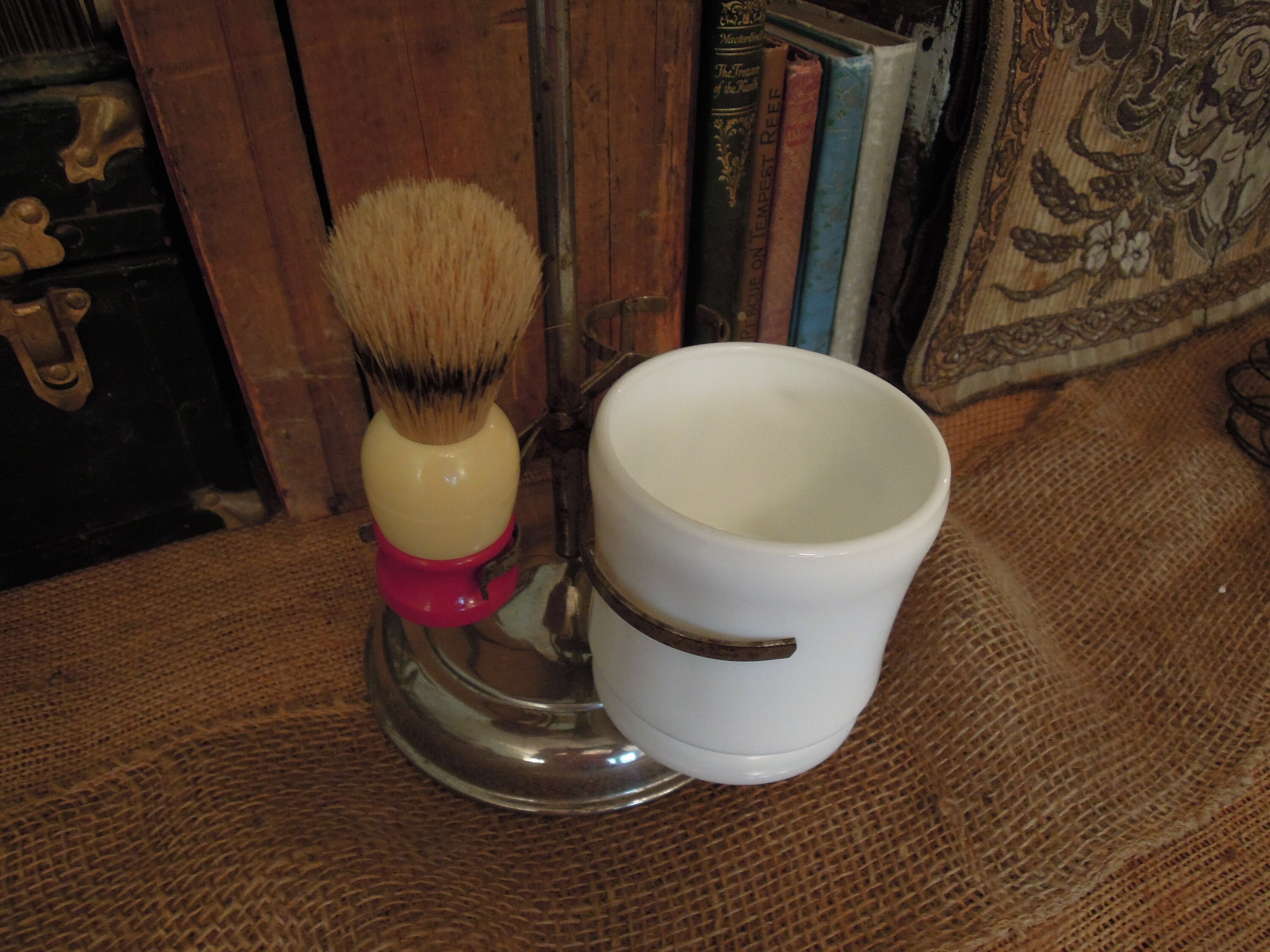 Antique Shaving Stand Mirror / Shaving Mirror With White Milk Glass Cup ...