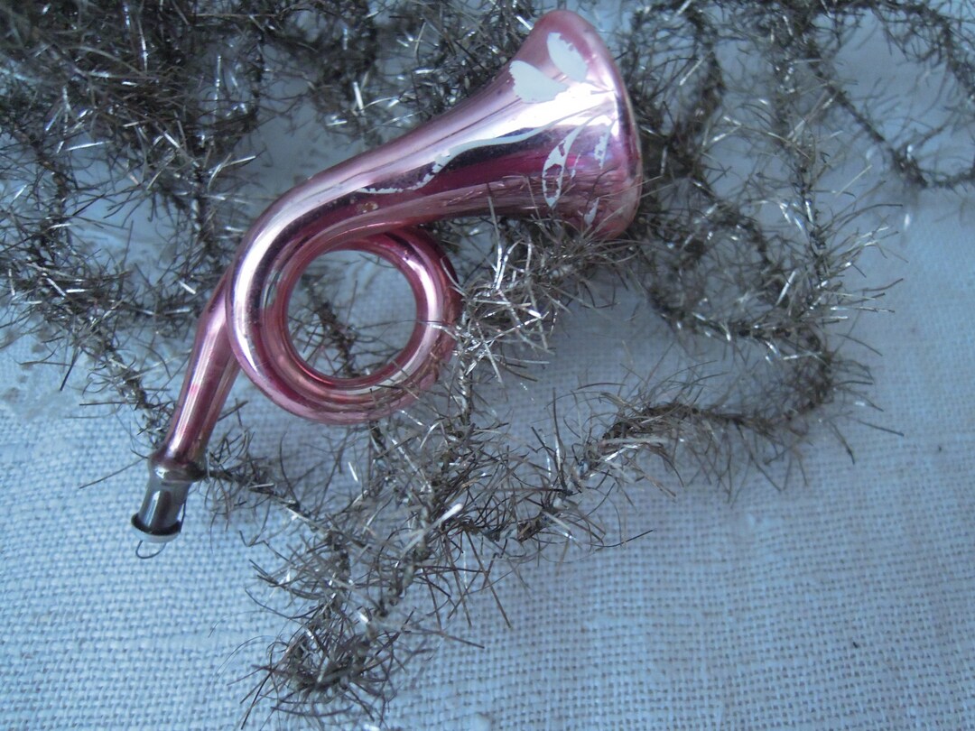 Vintage Pink Horn Ornament / Christmas Horn Ornament / Mercury Glass ...