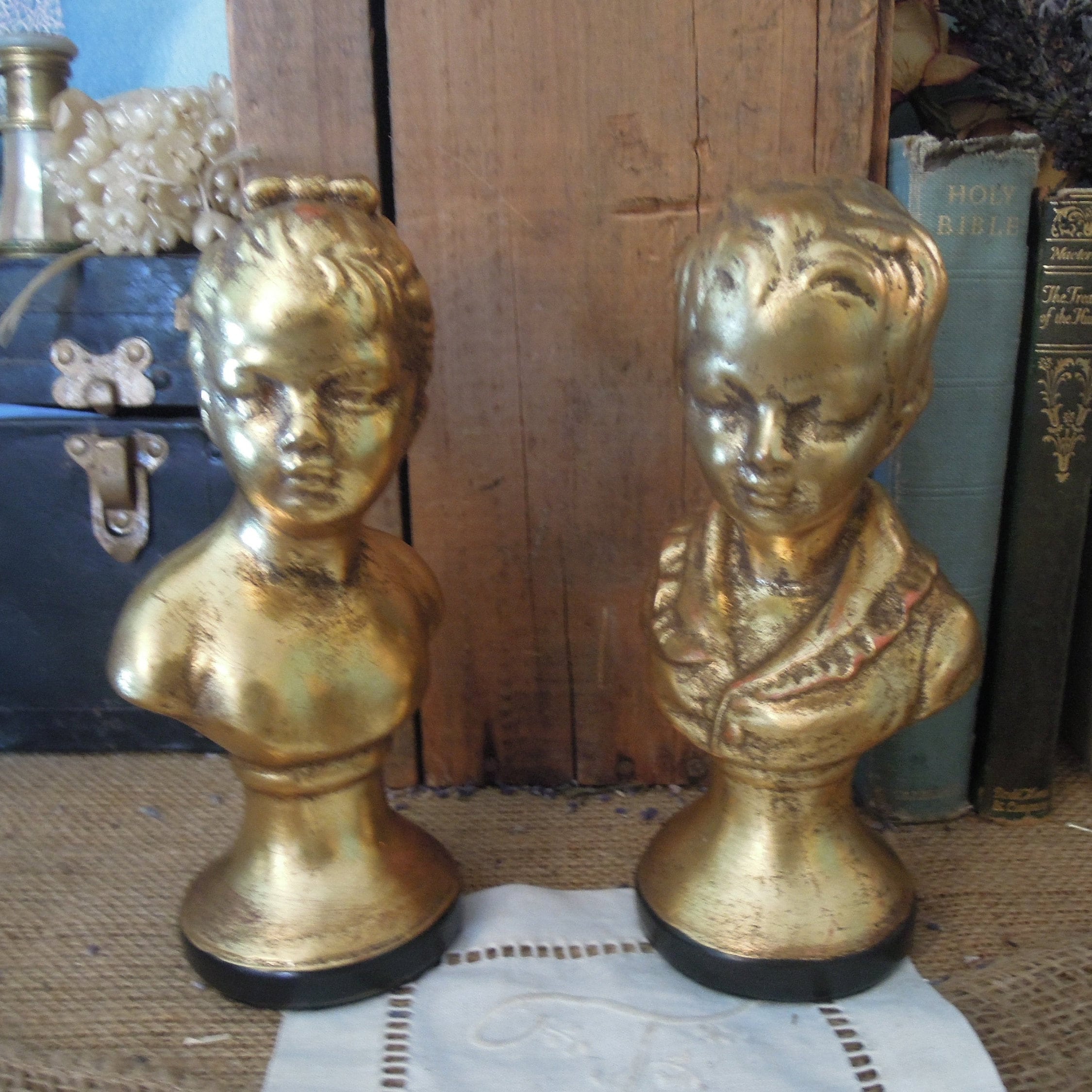 Vintage World Art Pair of Gold Busts / Gold Pair of Girl & Boy | Etsy