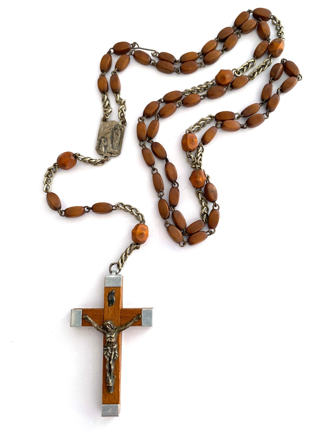 Lovely Vintage Olive Wood Lourdes Relic Cross Rosary Made in France ...