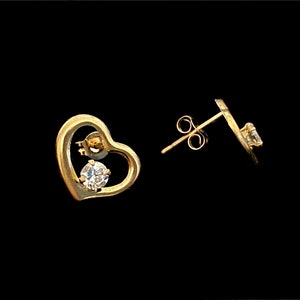 Sweet Small Open Heart 14k Yellow Gold Earrings With Single CZ, Tiny ...