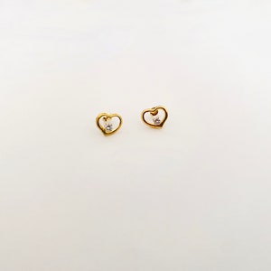 Sweet Small Open Heart 14k Yellow Gold Earrings With Single CZ, Tiny ...