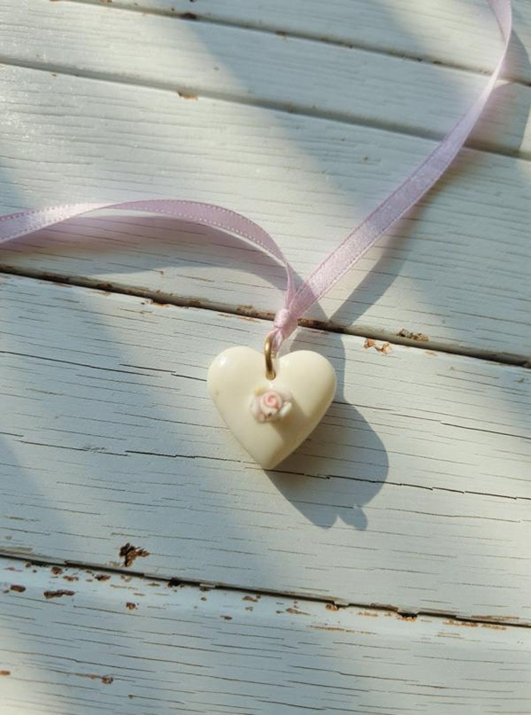 Sweet and Romantic Pottery Heart Pendant Necklace Suspended on a Lovely ...