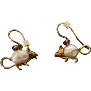 Whimsical Dangling White Mice Earrings, Gold Over Sterling Silver With ...