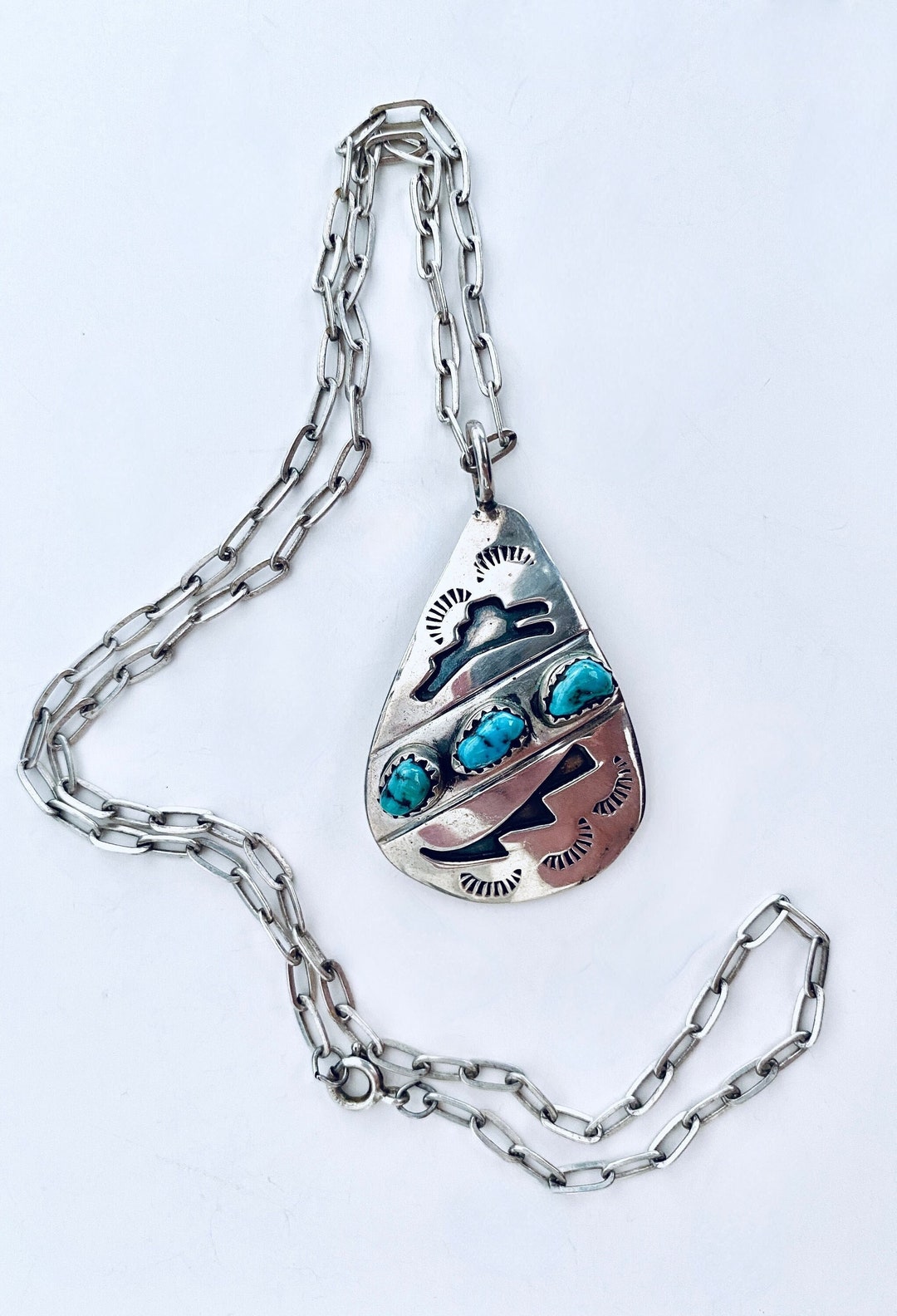 Navajo Turquoise Sterling Overlay Pendant, Hand Crafted Native American ...