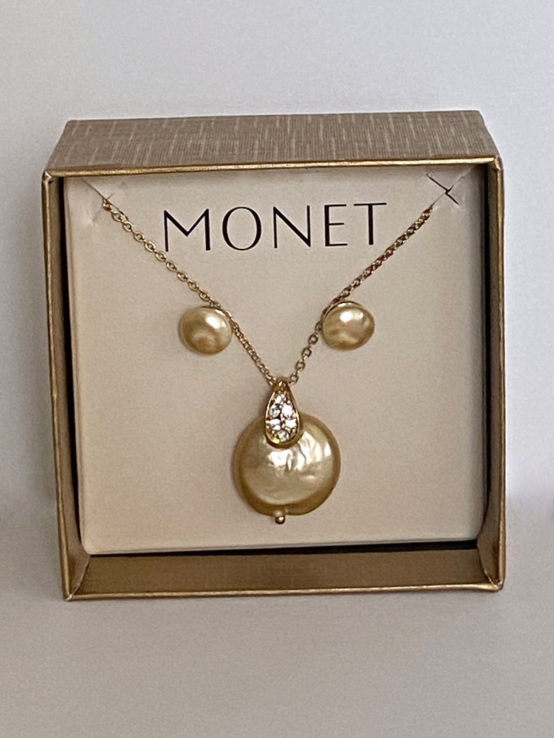 Vintage Signed Monet Pearl and Crystal Pendant With Matching Earrings ...