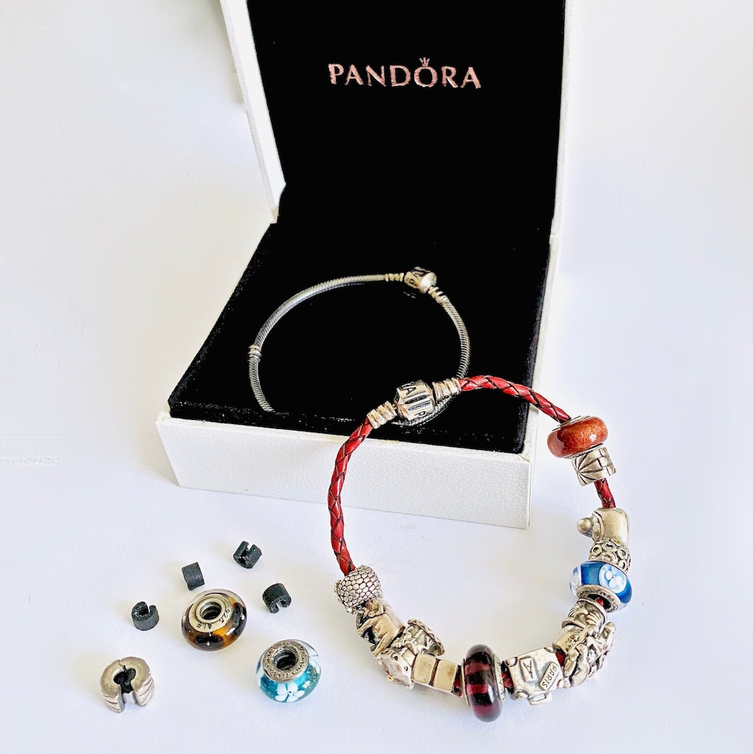 One Sterling & One Red Leather Pandora Bracelet, 6 Signed ARE Charms, 2 ...