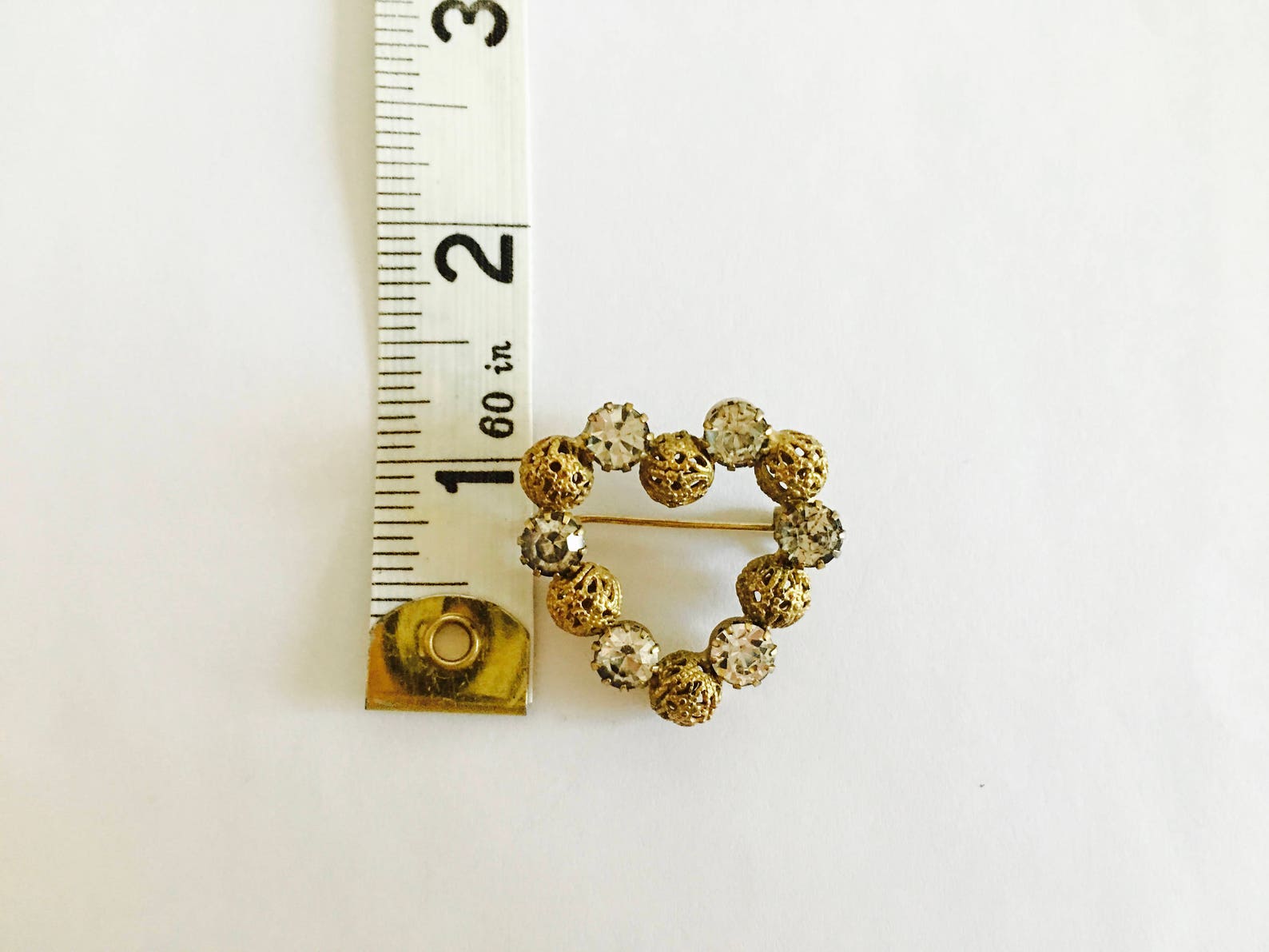 Vintage Sparkling Heart Pin or Brooch With Gold Toned Filigree Beads ...