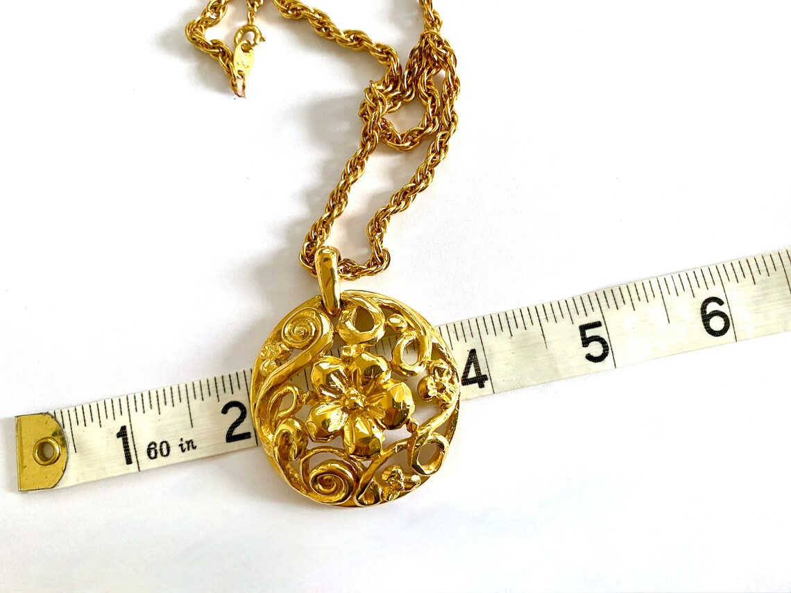 Vintage Trifari Pendant on Rope Chain - Round Open Work Gold Tone ...