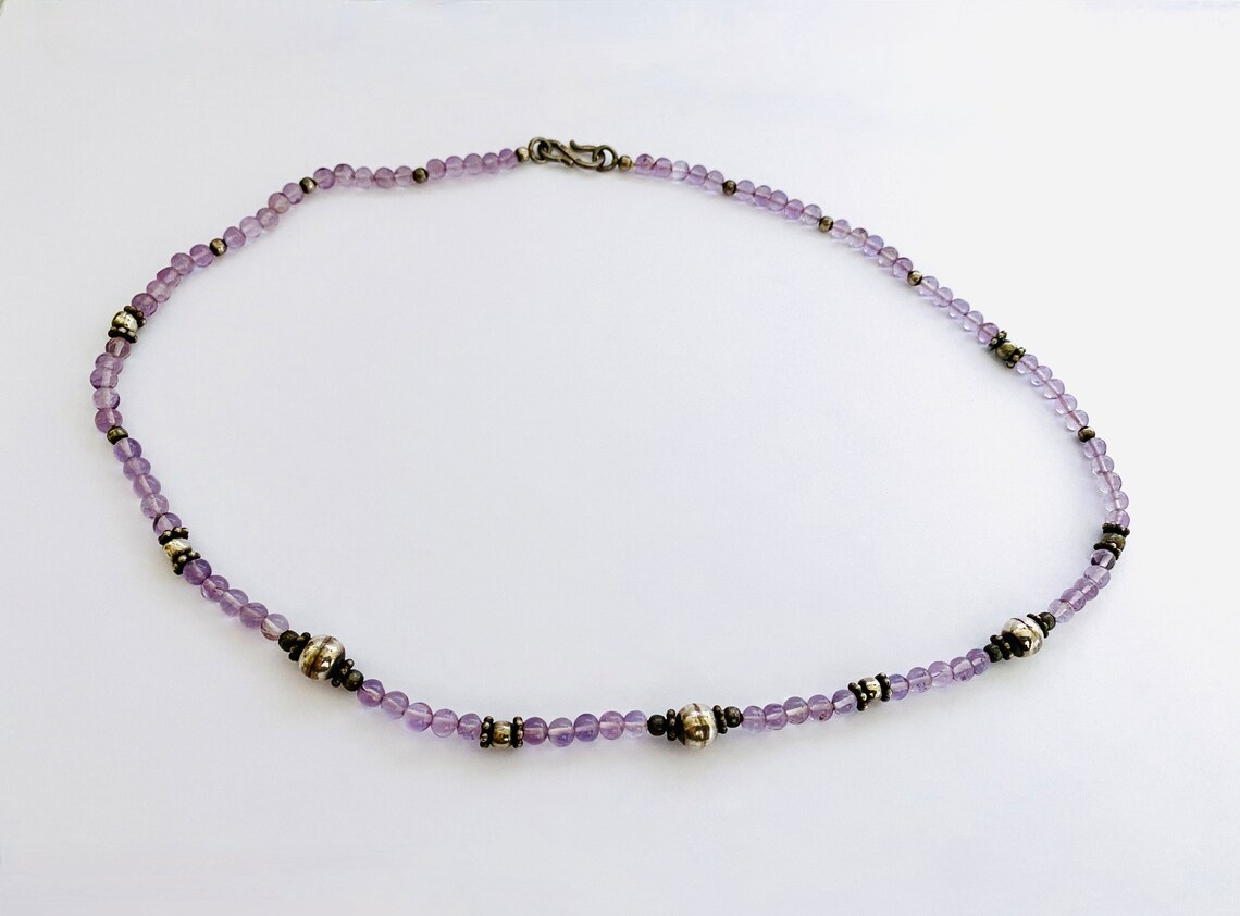 Amethyst and Sterling Silver Bead Necklace, Natural Round 5mm Amethyst ...