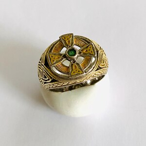 Vintage Franklin Mint Emerald Isle Irish Ring W/center Celtic Cross, Sterling Silver With 18K ...