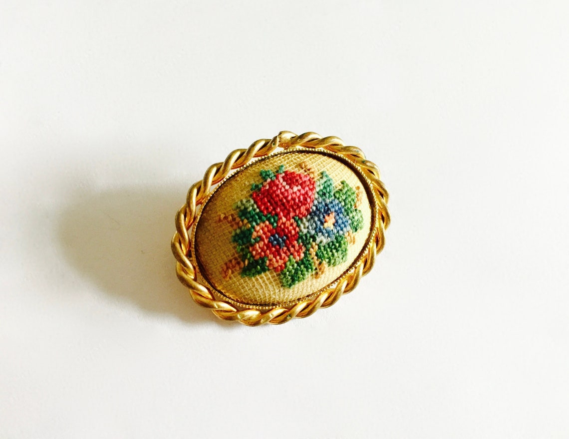 Vintage Petit Point Floral Bouquet Oval Brooch With Gold Tone - Etsy