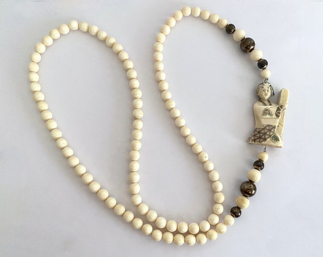 Exquisite 34 Vintage Asian Bone and Sterling Silver Beaded Necklace W ...