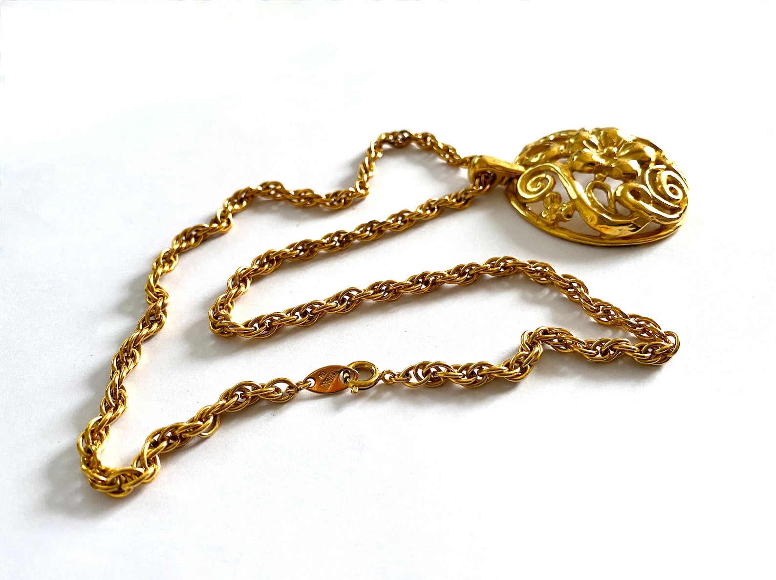 Vintage Trifari Pendant on Rope Chain - Round Open Work Gold Tone ...