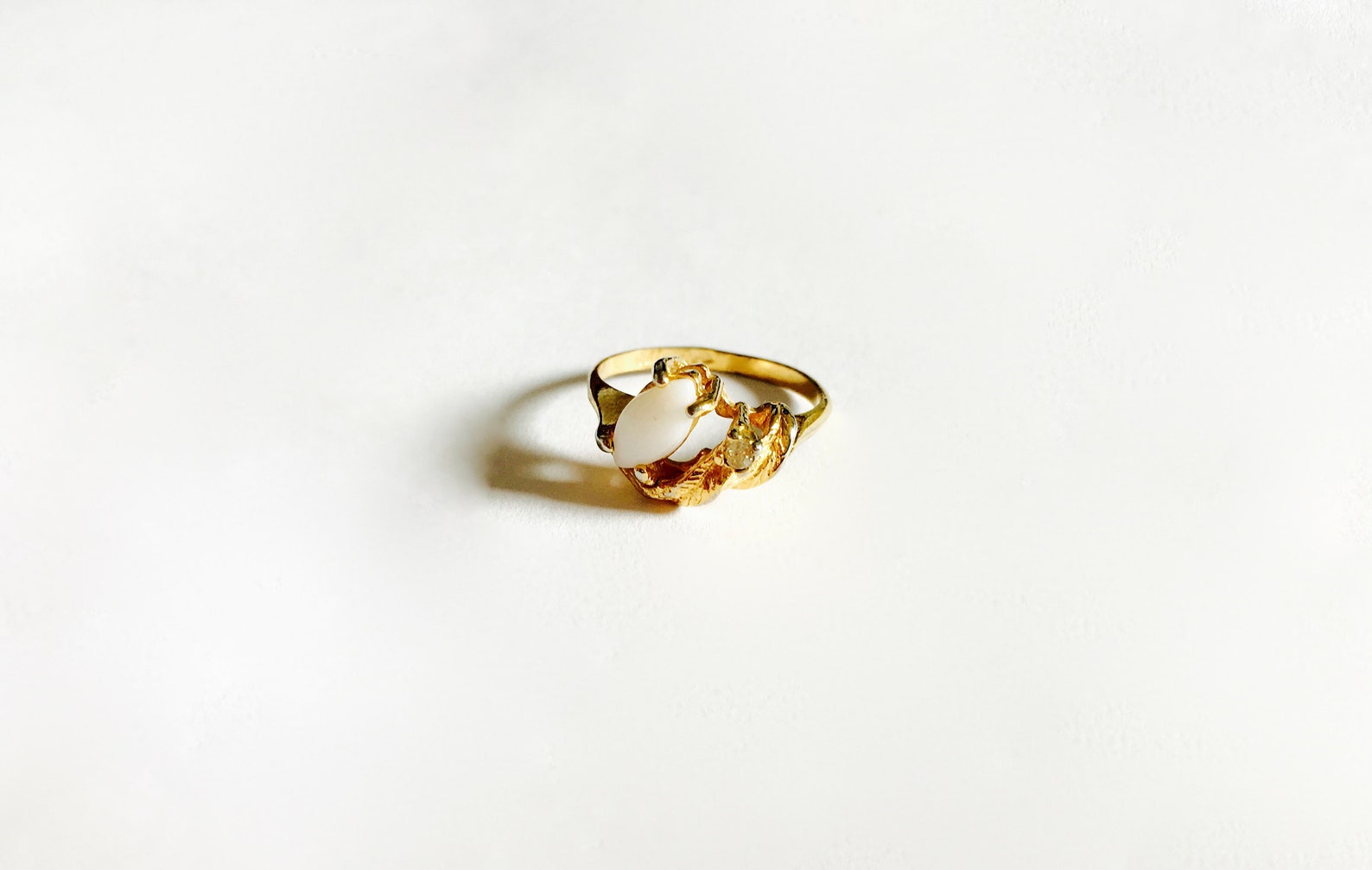 Vintage Prong Set Marquise Cut Faux White Opal and Round CZ in Leaf ...