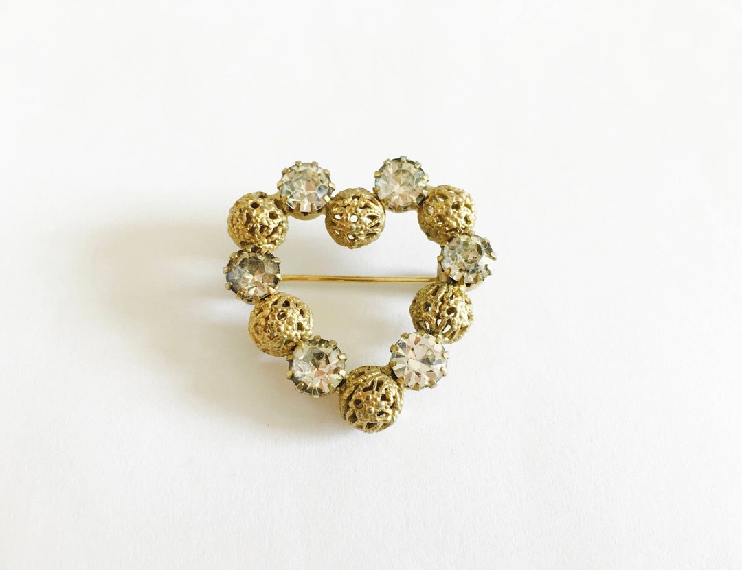 Vintage Sparkling Heart Pin or Brooch With Gold Toned Filigree Beads ...