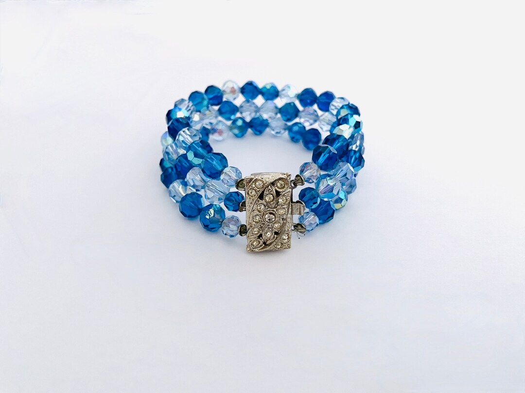 Three Strand Bracelet of Crystal Blue Beads With Vintage Rectangular ...