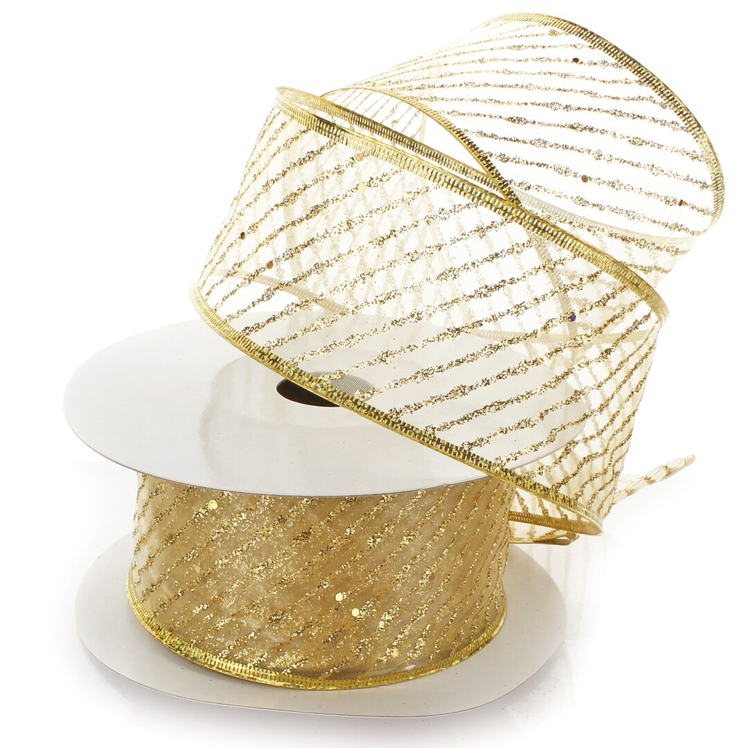 2.5" Metallic Banded Edge Diagonal Stripes Sheer Wired Ribbon - Choose ...
