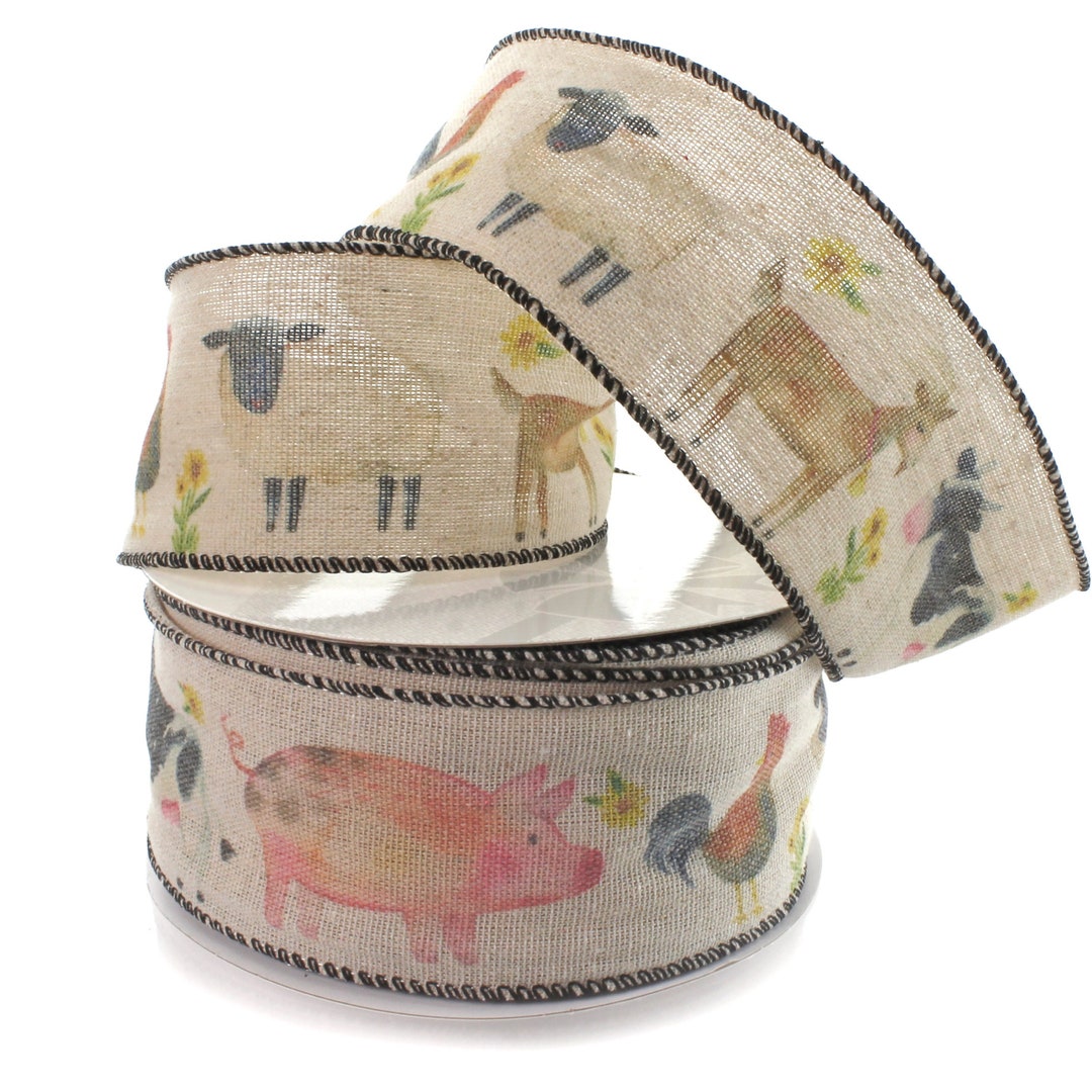2 1/2 Inch Wired Ribbon Farm Animals Rustic Burlap Cow Pig Rooster Goat ...