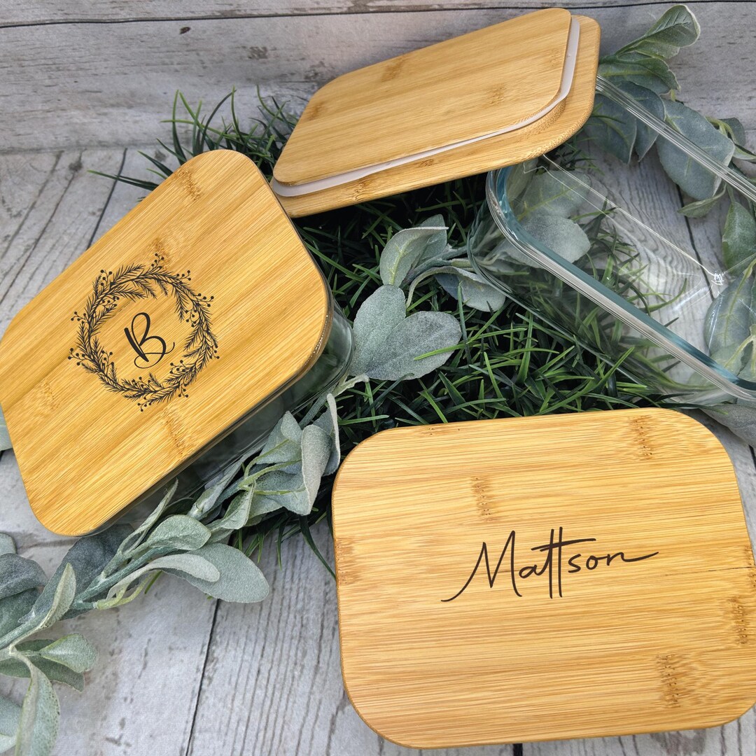 35 Oz Engraved Bamboo Glass Food Container, Eco-friendly Storage ...