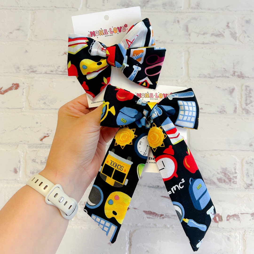 Back to School Hair Bow, School Supplies Hair Bow | Hand-tied Fabric ...