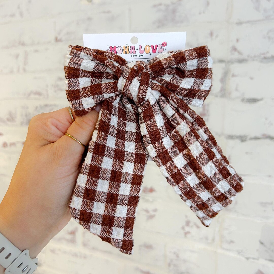 Brown Gingham Hair Bow | Hand-tied Fabric Hair Bows, Big Hair Bows ...