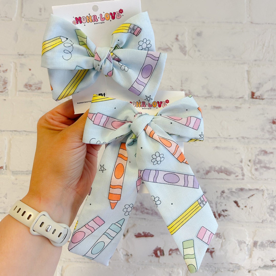 Back to School Hair Bow, Crayon and Pencil Hair Bow | Hand-tied Fabric ...