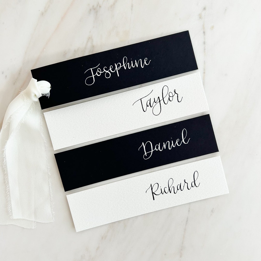 Slim Black and White Place Cards | Calligraphy Wedding Place Cards ...