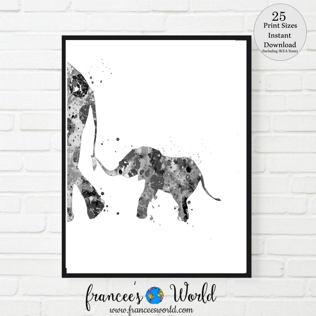 Baby Elephant With Mother, Black and White, Baby Elephant Print, Animal ...