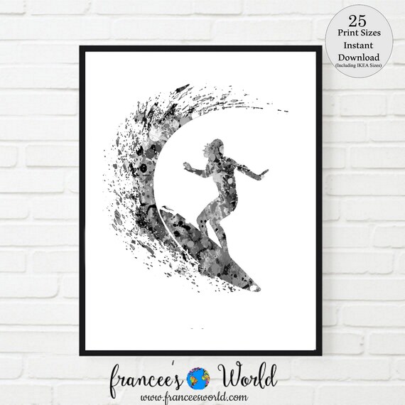 Surfer PRINTABLE, black and white Girl Surfer ,Surfer Art, Surfer ...