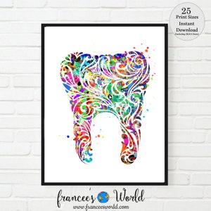Tooth PRINT Human Tooth Art, Watercolor Tooth Medical Art Dental Clinic ...