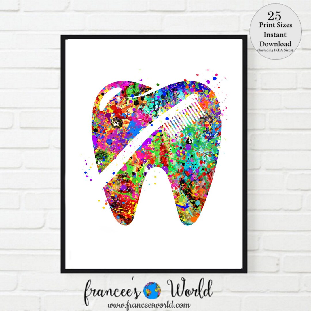 Tooth PRINT, Human Tooth Art, Dental Hygienist, Watercolor Toothbrush ...