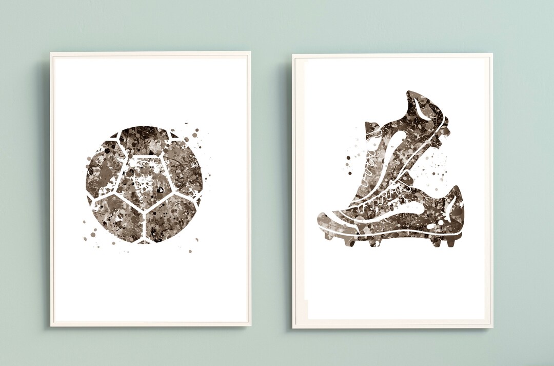 Soccer Ball and Soccer Shoes Print Set, Sepia, Brown, Neutral Color ...