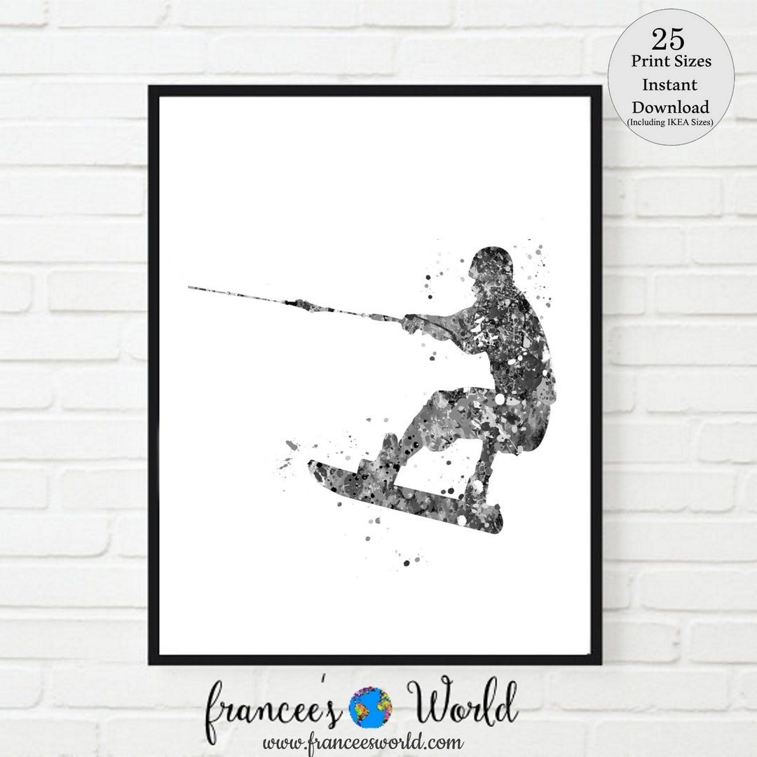 Wakeboard Print, Black and White Wakeboard Watercolor, Wakeboard Poster ...
