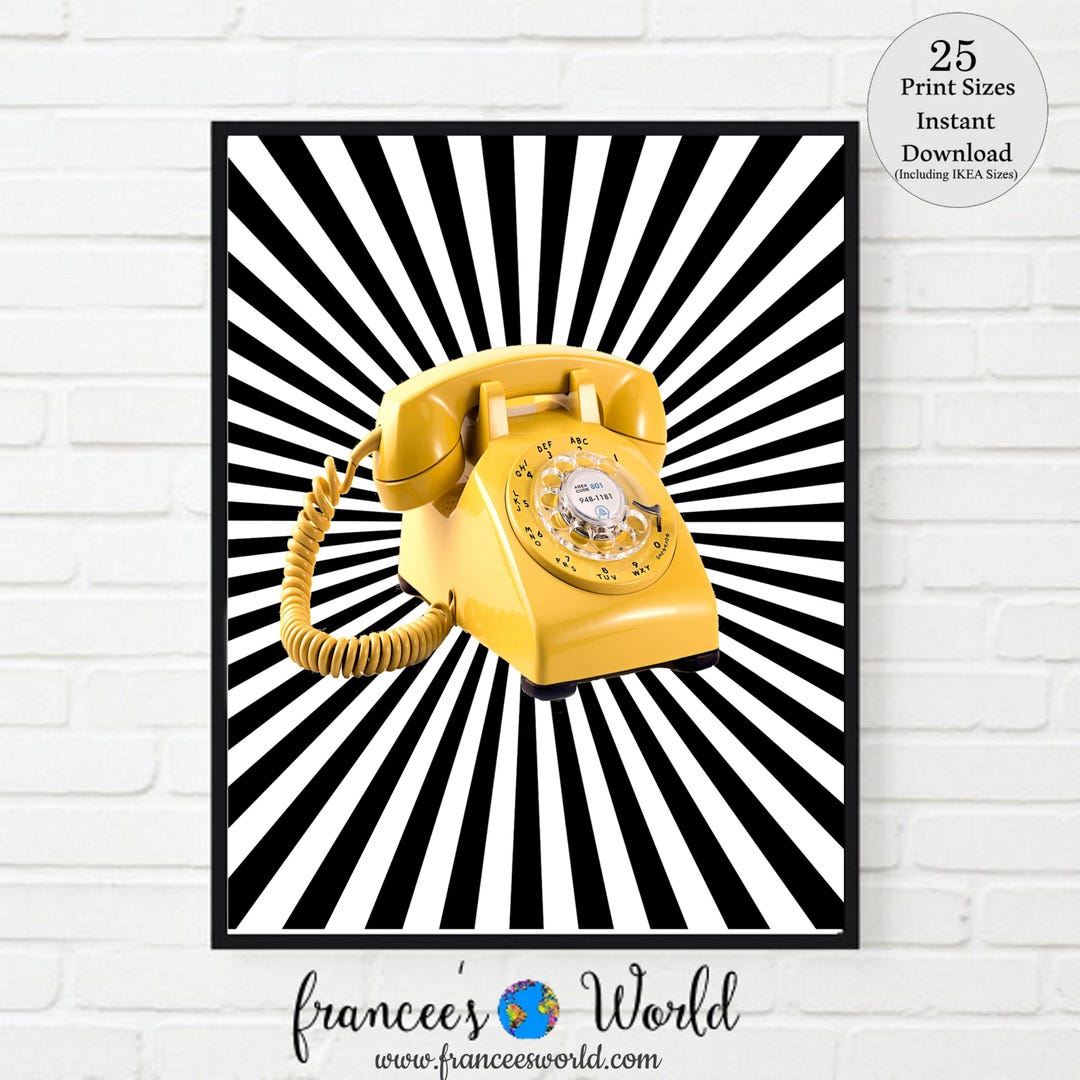 Retro Rotary Phone Print, Yellow Phone, Maximalist Decor (digital ...