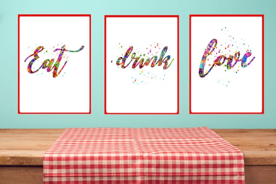 Eat Drink Love Print Kitchen decor Watercolor Print Set of 3 Kitchen ...