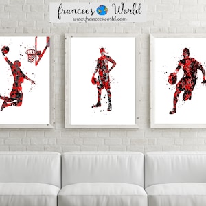 Basketball Red and Black Print Art, Boy Basketball Poster, Set of 3 ...