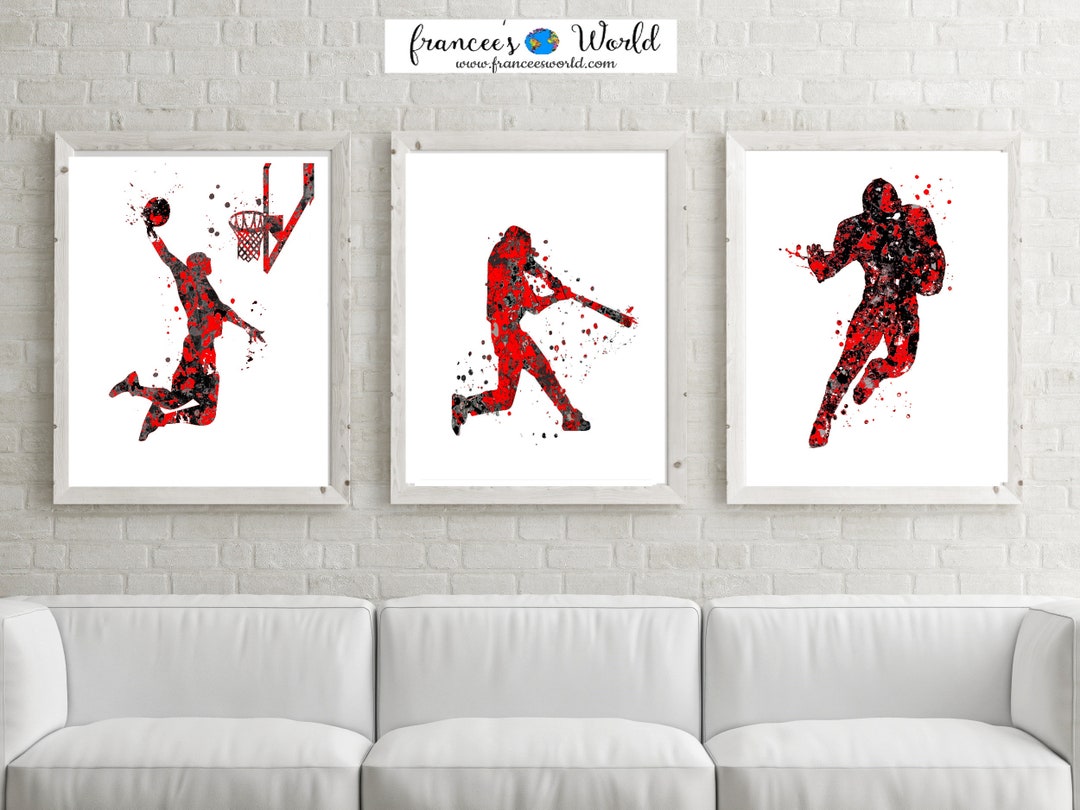 Sport Art Print Red Sports Print Set, Baseball, Football, Basketball ...