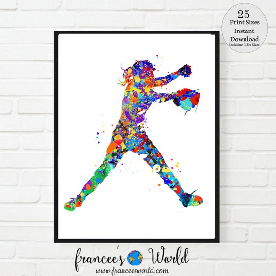Softball Prints, softball pitcher, left handed,Girl Softball Watercolor ...