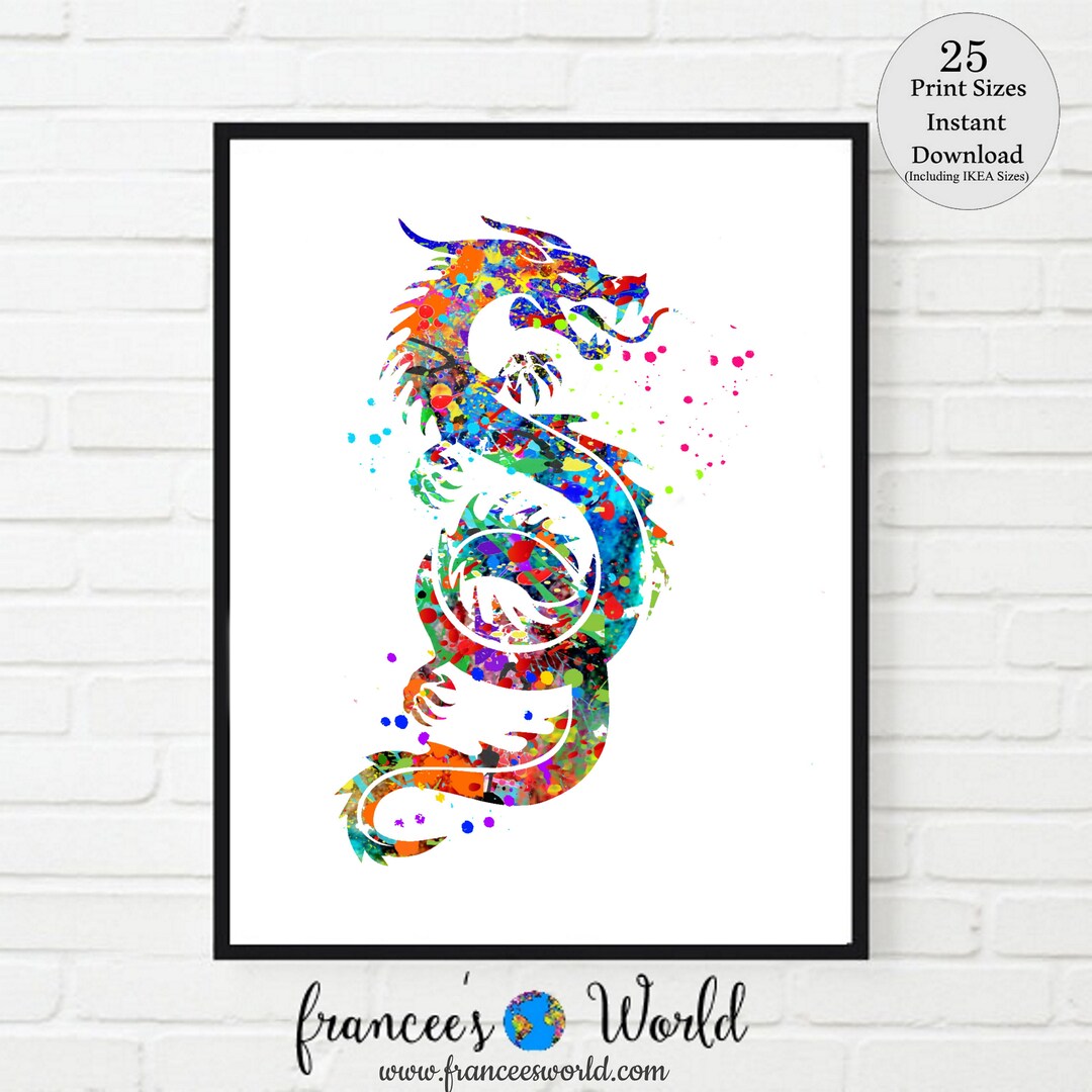 Dragon Print, Chinese Dragon Art, Dragon Watercolor, Printable, Fire ...