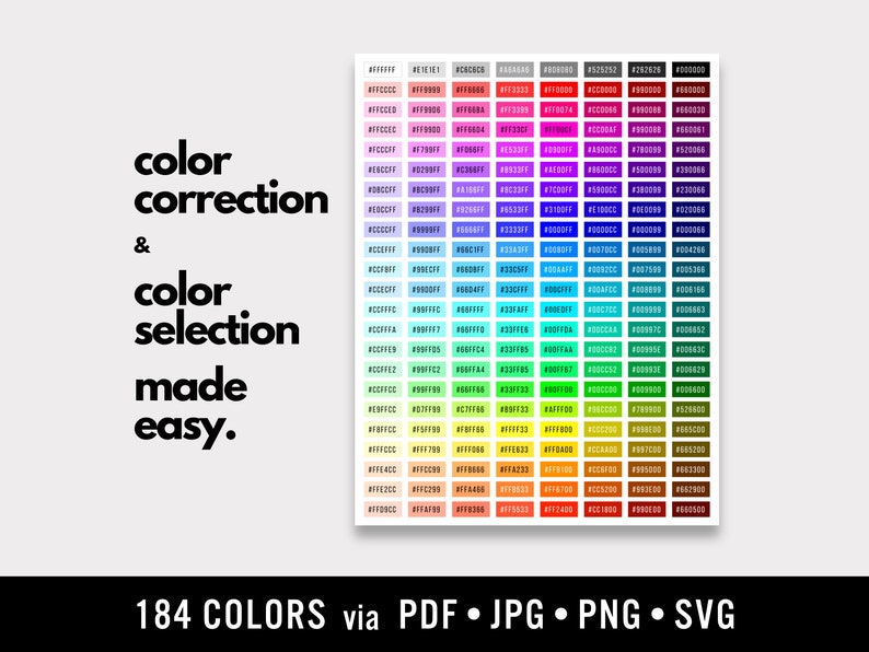 Color Correction HEX Code Color Chart Printable Designer Quick ...