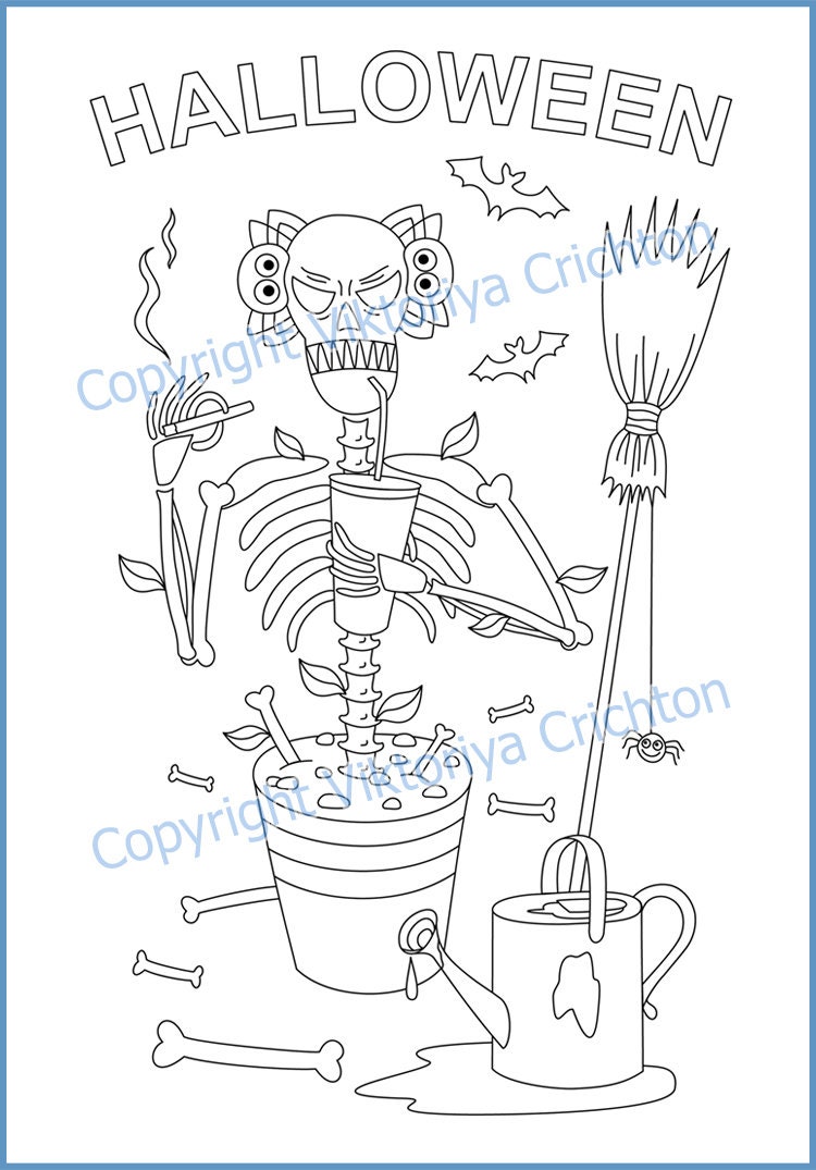 Coloring Page 94. Holiday Halloween Skeleton With Spider-earphones on ...
