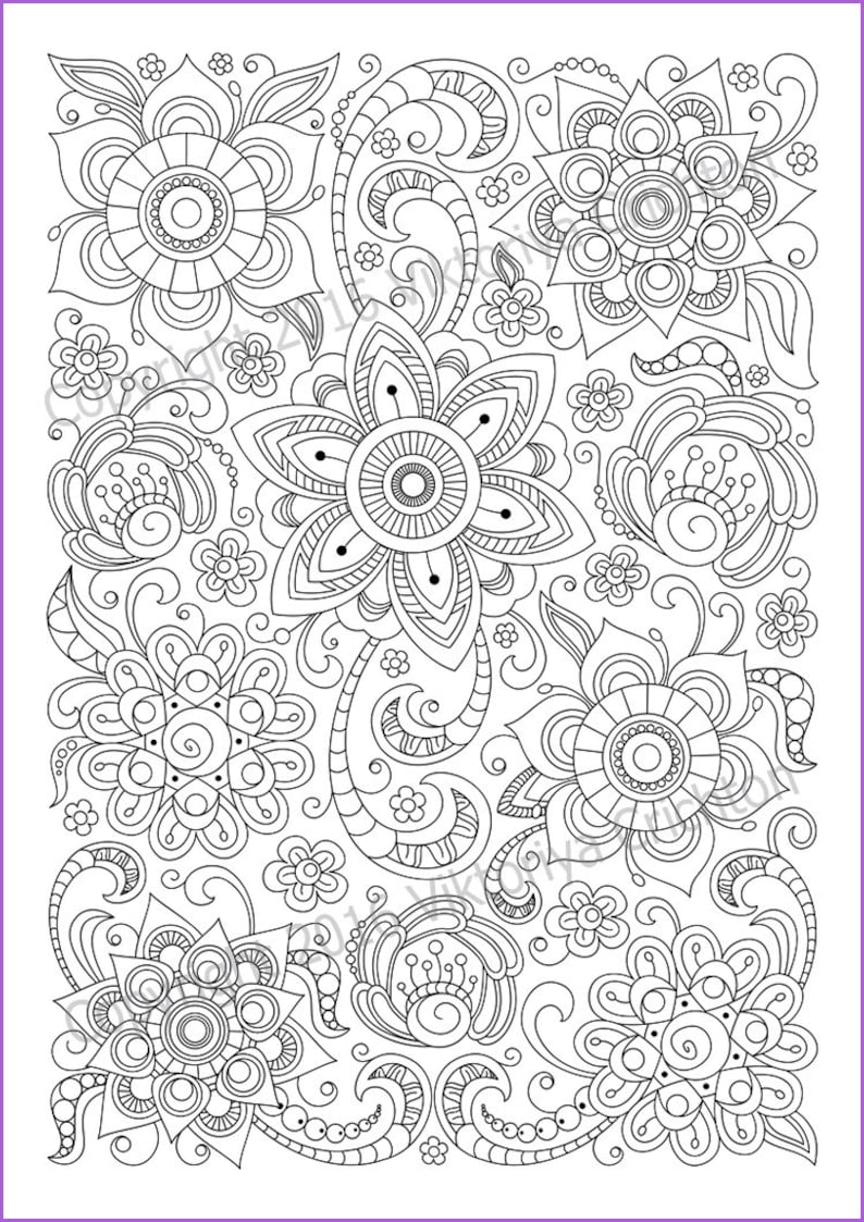 Сoloring page doodle flowers printable zen doodle PDF | Etsy