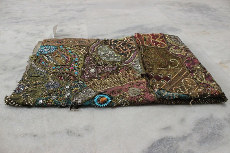 Beige Embroidered Indian Fabric: Heavy Threadwork, Upcycled Boho ...