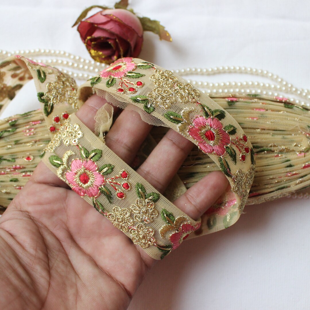 Gold Indian Border Trim Sequin Zari and Thread Work Trim Lace Floral ...
